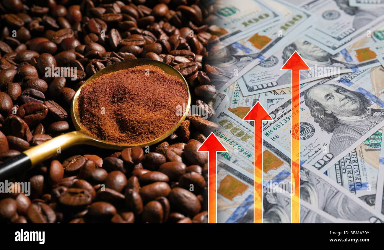 Rising coffee price. Roasted beans, ground coffee, arrows and dollar ...