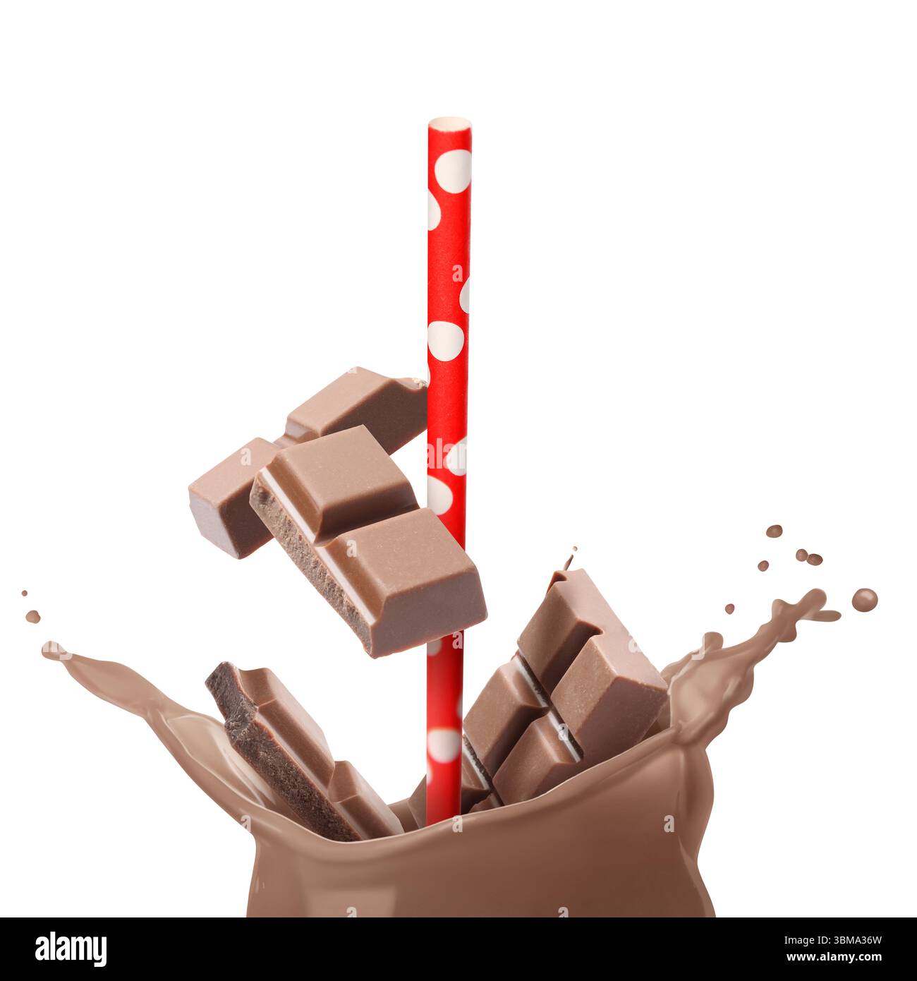Splashing chocolate milk, straw and pieces of chocolate against white ...