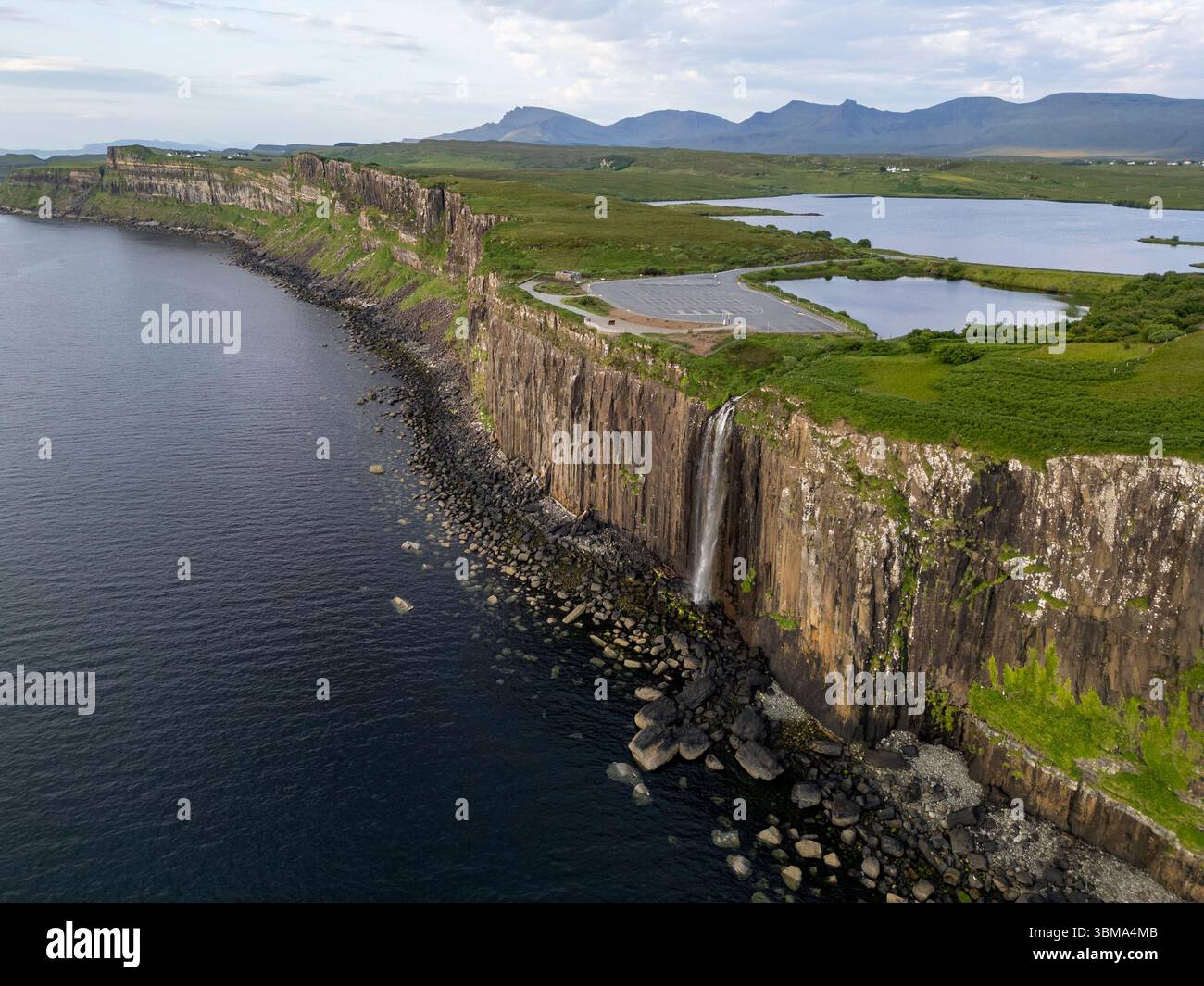 Aerial drone view of Mealt Falls and Kilt Rock, (Creag an Fheilidh in ...
