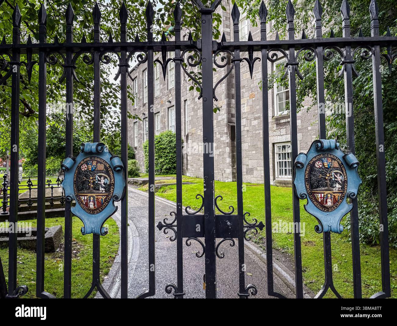 St Patrick's Cathedral. View through the ornate iron gates with ...