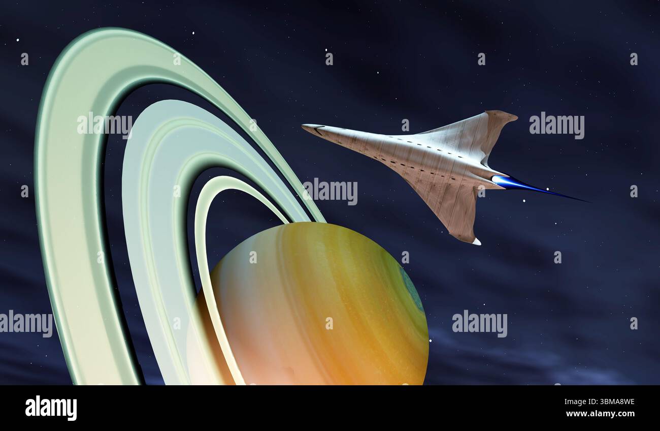 A spaceship from Earth visits the planet Saturn with its ring system ...