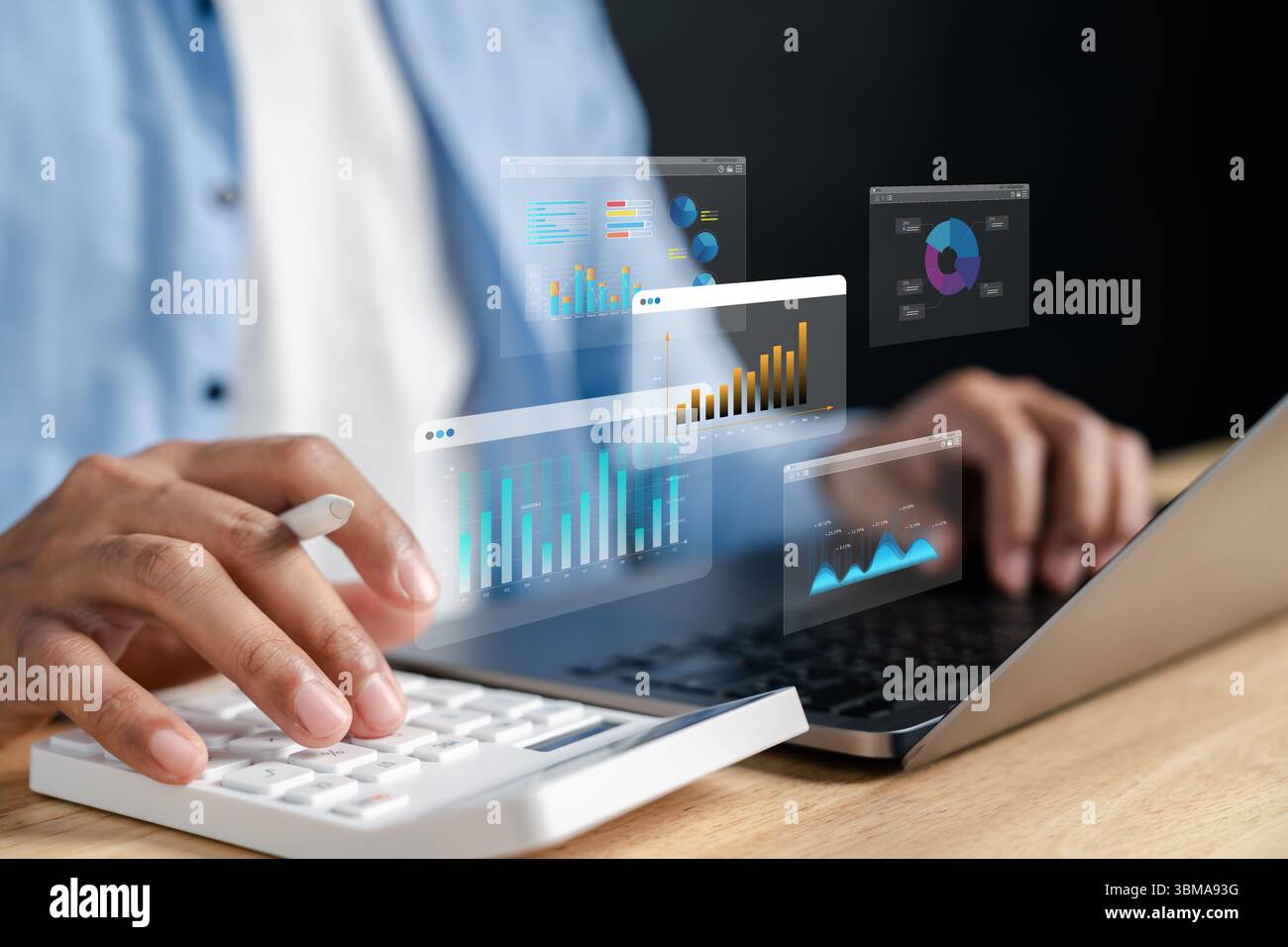 Financial data analytics and accounting management system with futuristic dashboard charts ...