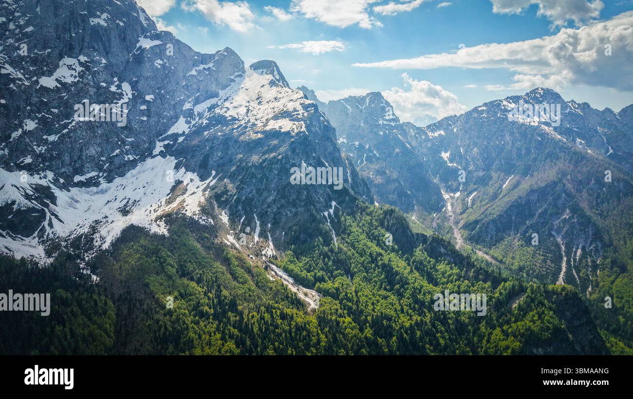Drone aerial scenic summer landscape of the Julian Alps, Europe default ...