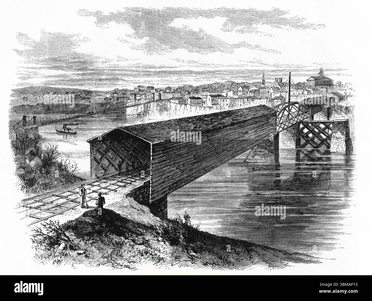 Engraving of a covered railroad bridge across the Cumberland at ...