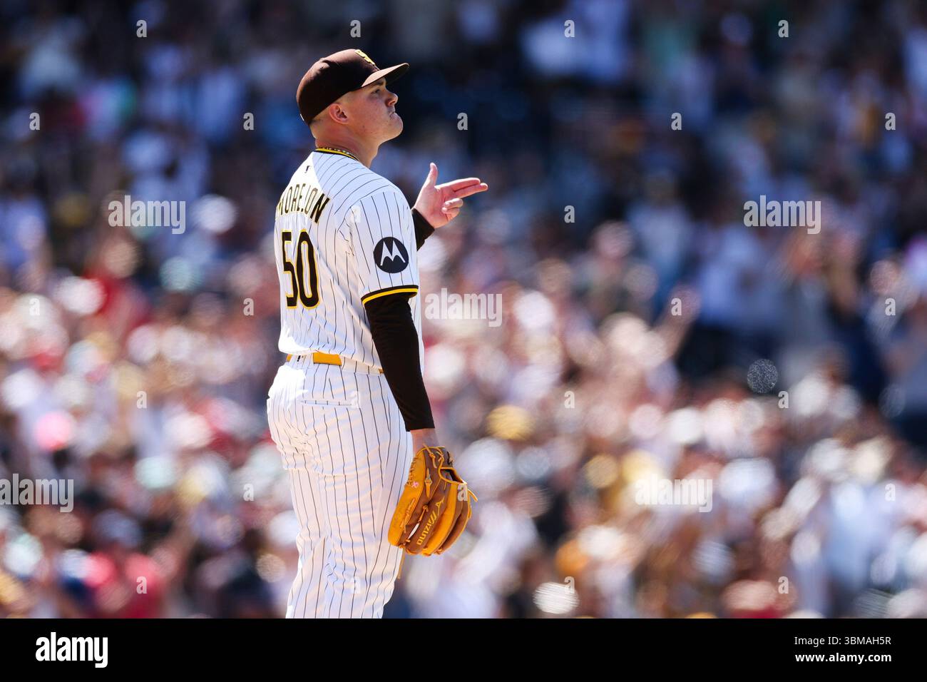 San Diego Padres' Adrian Morejon gestures after the final out is ...