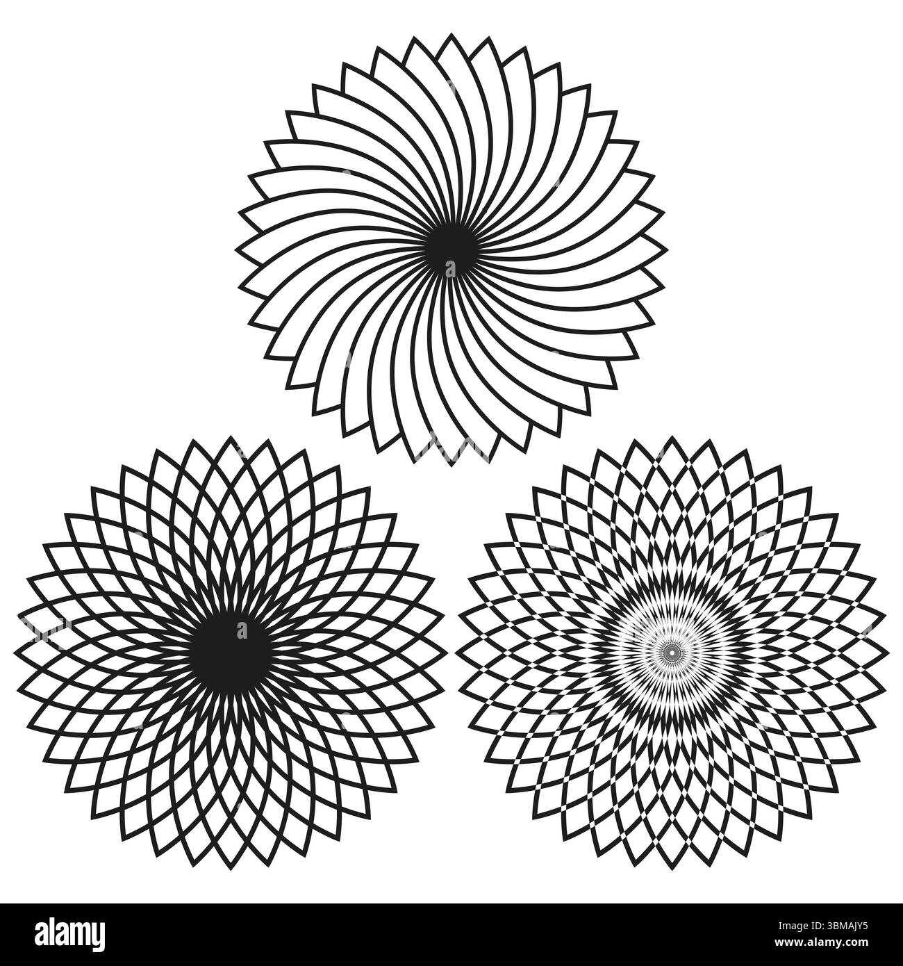 Spiral pattern collection. Geometric swirl designs. Radial circular ...