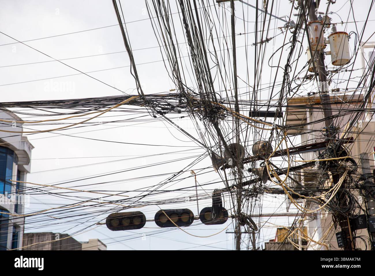 Chaotic overhead power lines and tangled cables for concepts of ...