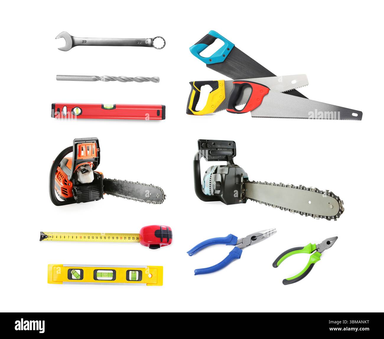 Different types of saws and other equipment on white background, set ...