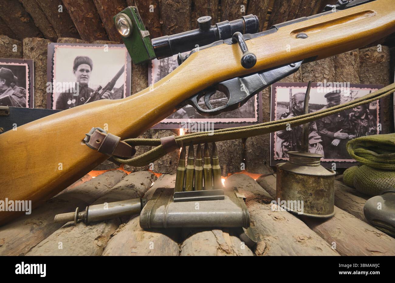 Close up of a rifle gun, bullets and other war artifacts. At the Great ...
