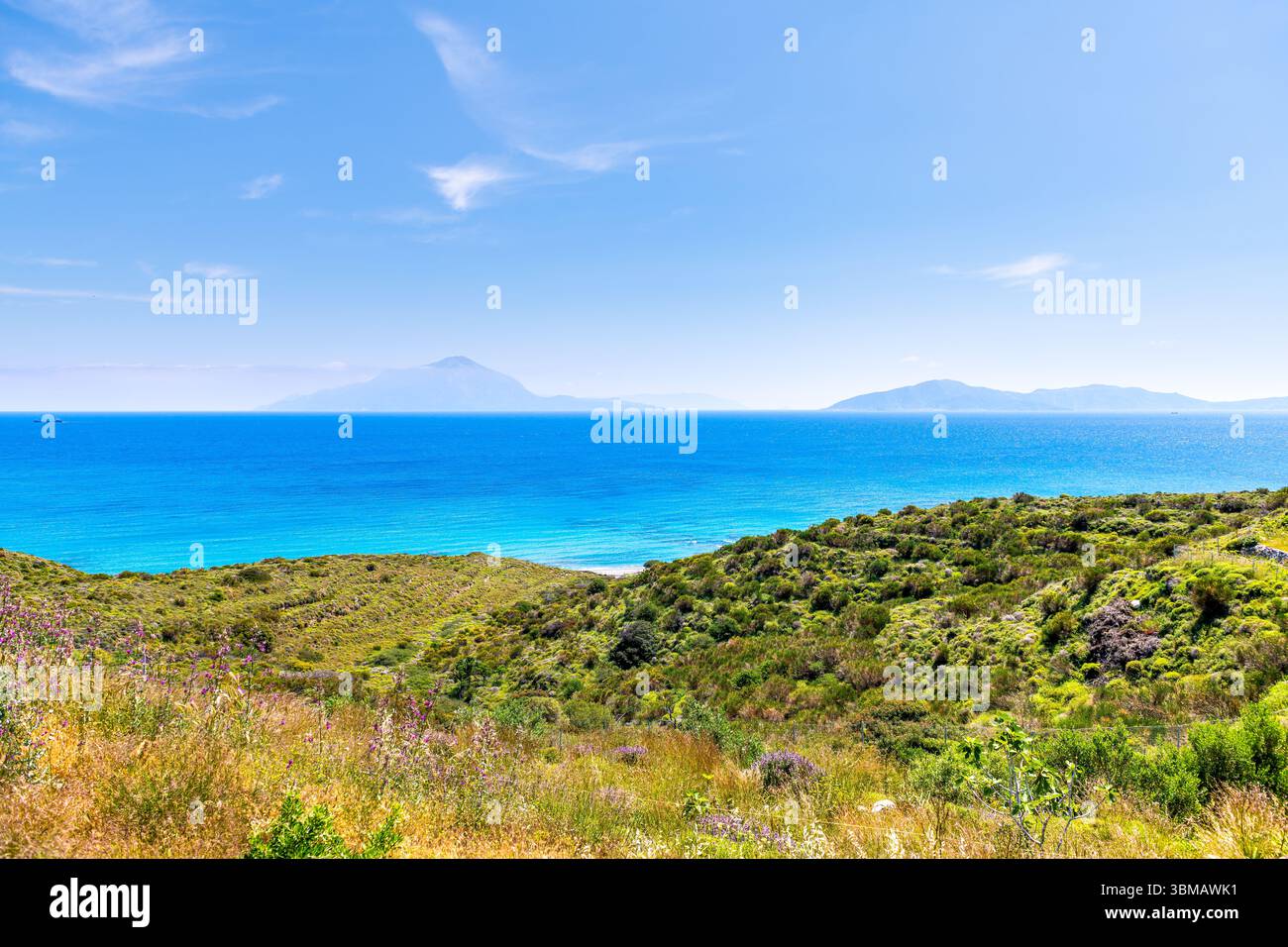 View of Samos, Fournoi islands at Faros in Ikaria island, Greece ...