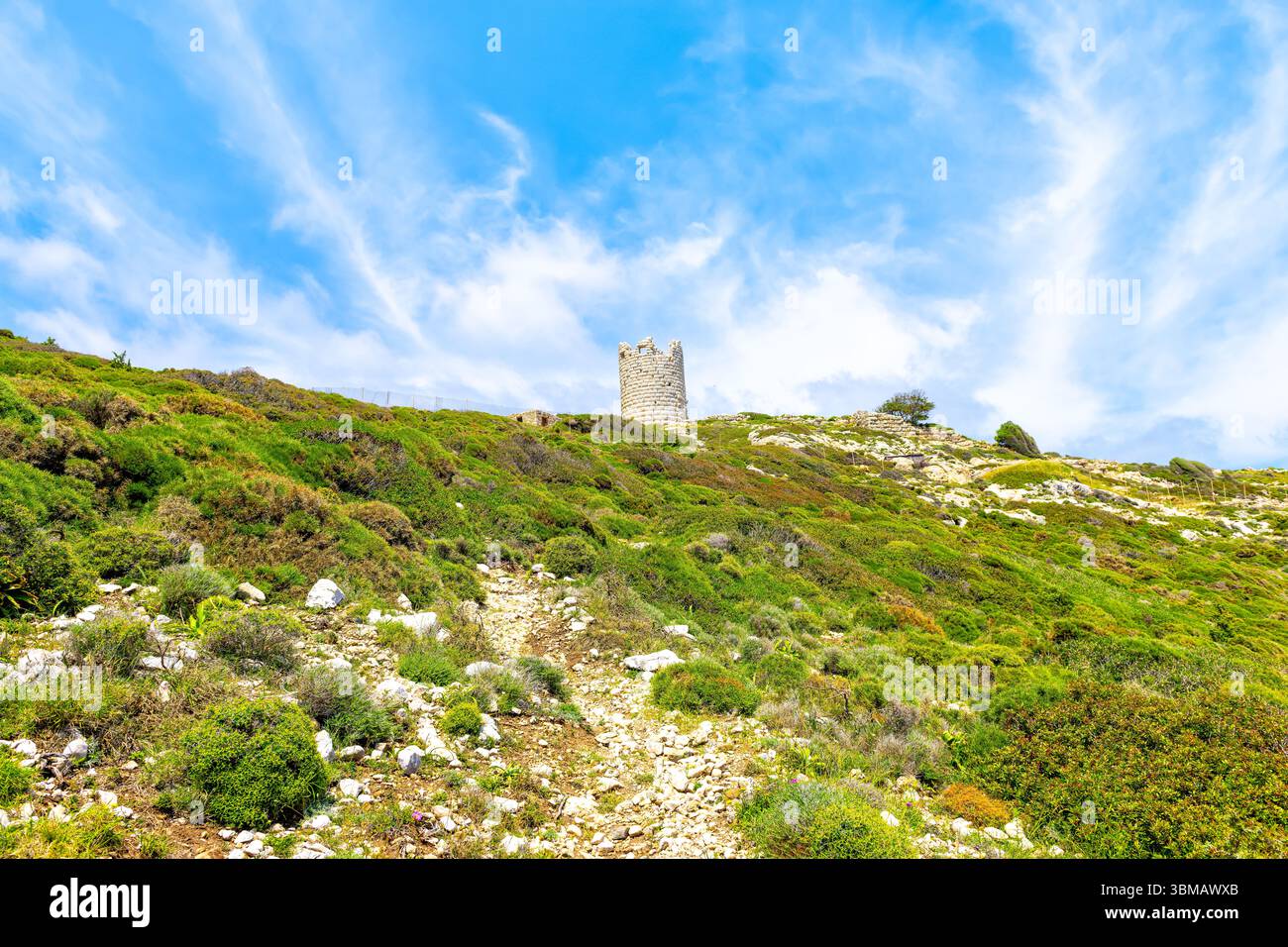 Drakano tower hiking trail path fence view of landscape on Ikarian Sea ...