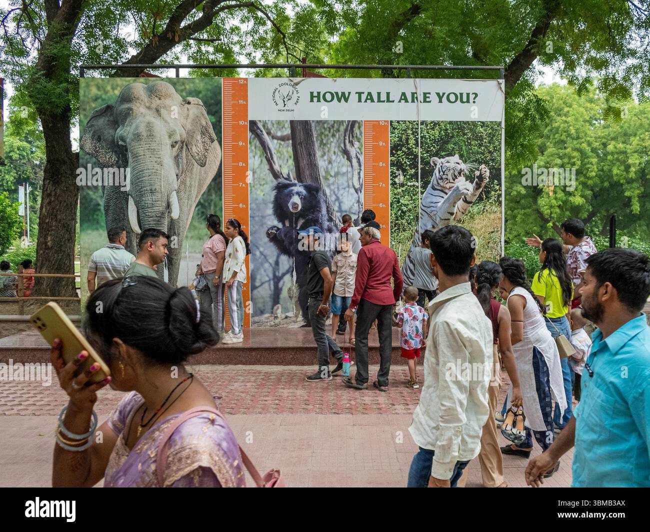 Delhi, India. 24th June, 2025. Visitors stand against a large billboard ...