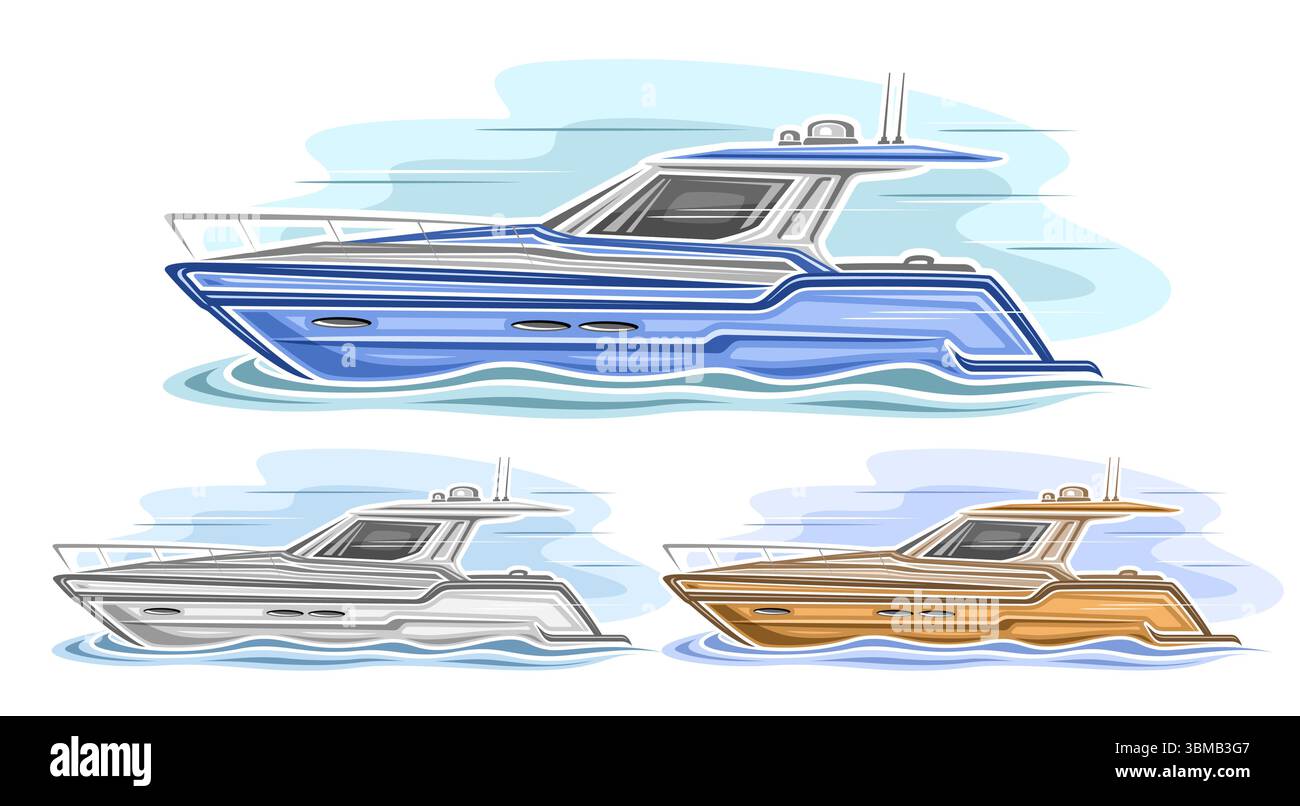 Vector Motorboat Set, horizontal nautical poster with three isolated ...