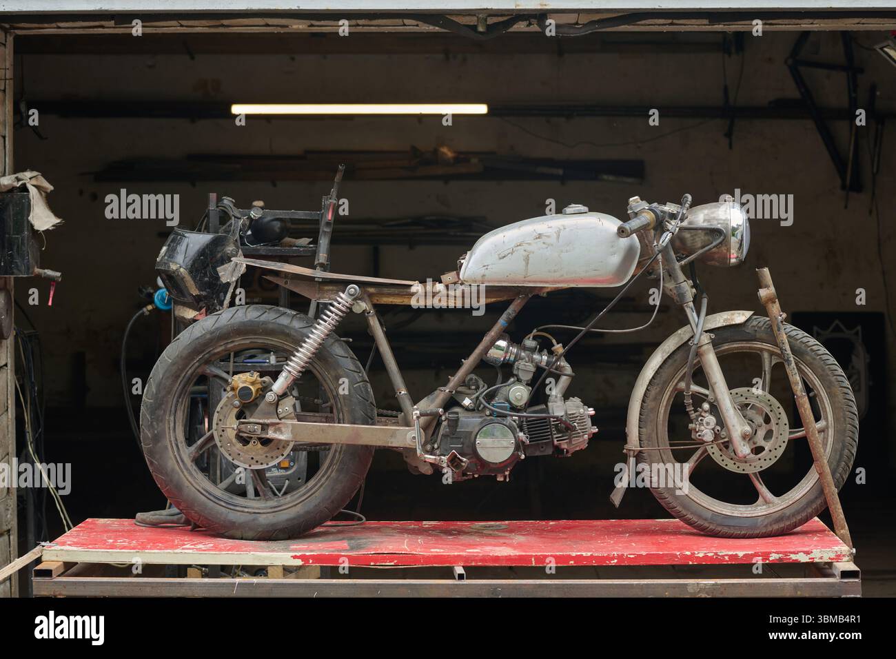 Custom Motorcycle Frame in Garage Stock Photo - Alamy