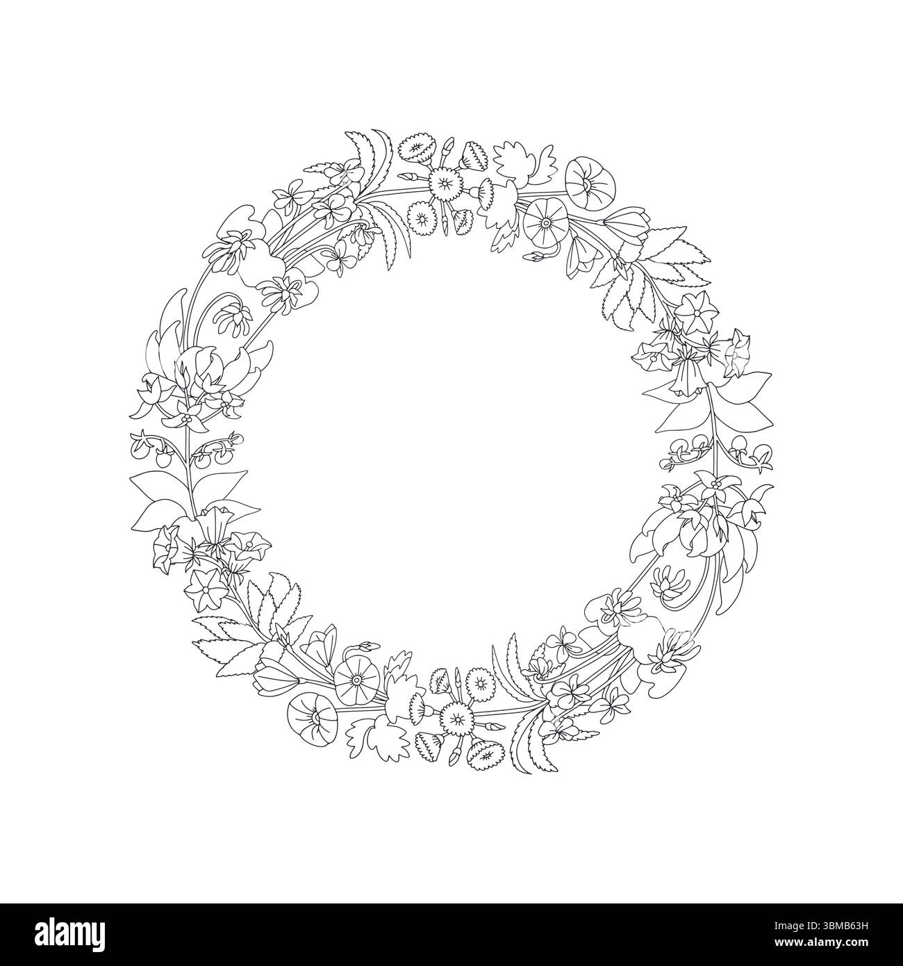 Hand drawn black and white line art canary islands flowers wreath. Card ...
