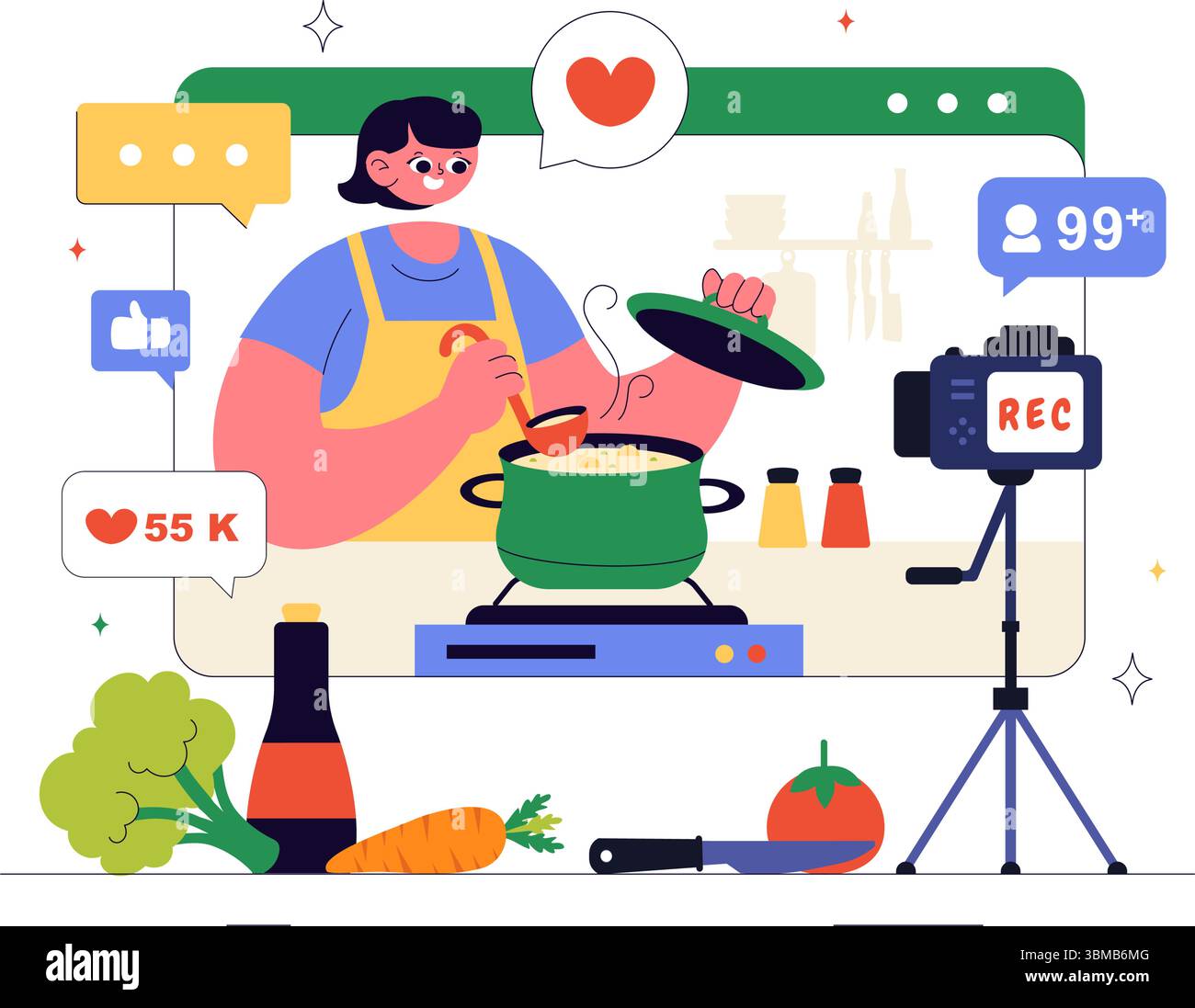 Cooking Blog Vector Illustration Featuring Young People Recording a ...