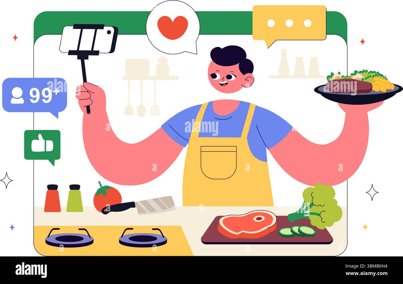 Cooking Blog Vector Illustration Featuring Young People Recording a ...