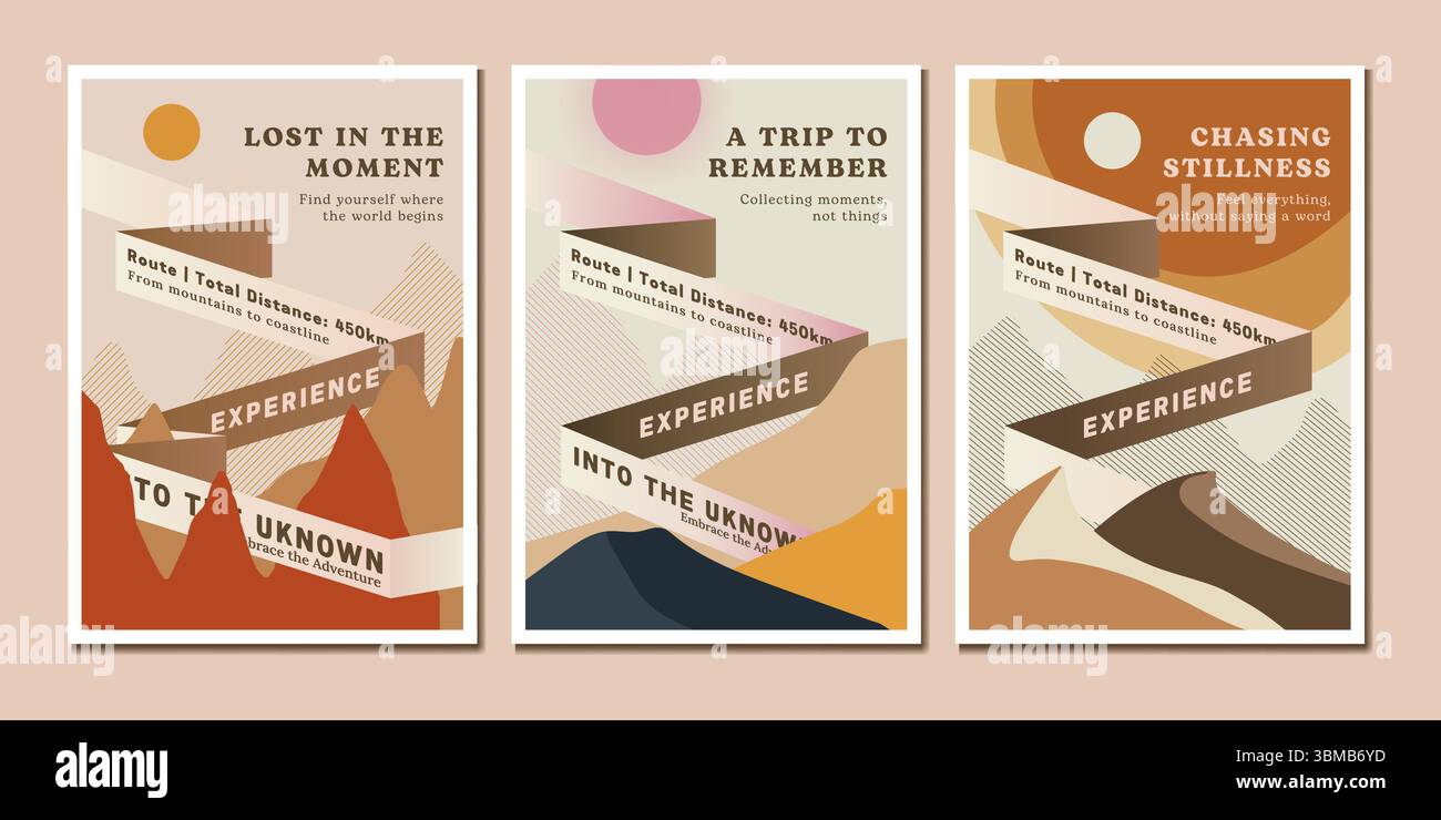 A collection of abstract, earthy-tone travel posters promoting ...