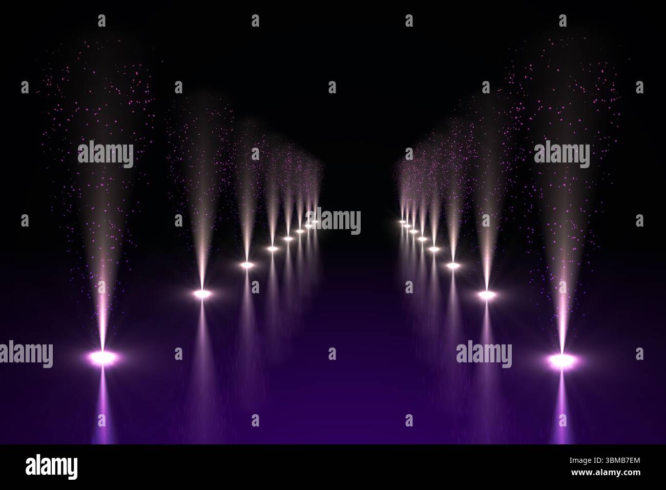 Parallel purple spotlights are forming glowing columns in 3D render ...