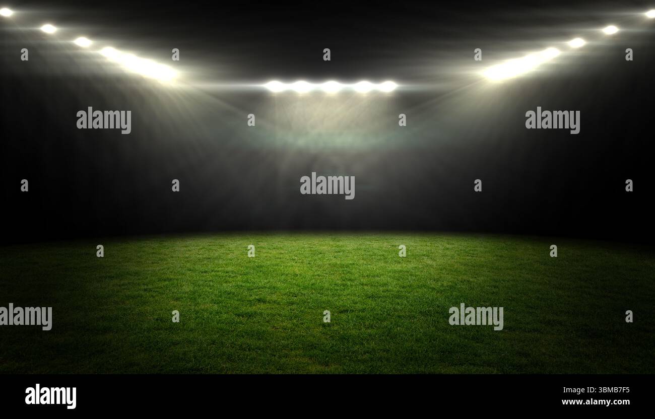 Empty trimmed grass field is glowing under flat design stadium lights ...