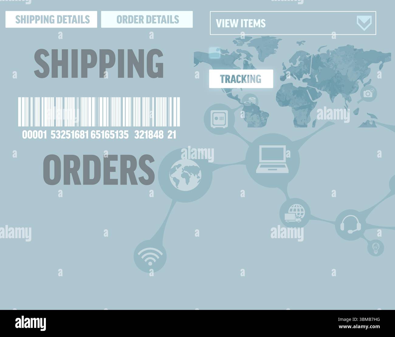 Flat infographic is showing shipping on blue panel with barcode ...