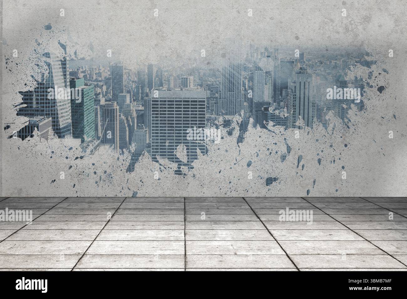 Flat design is featuring paint-splatter city skyline mural on concrete ...