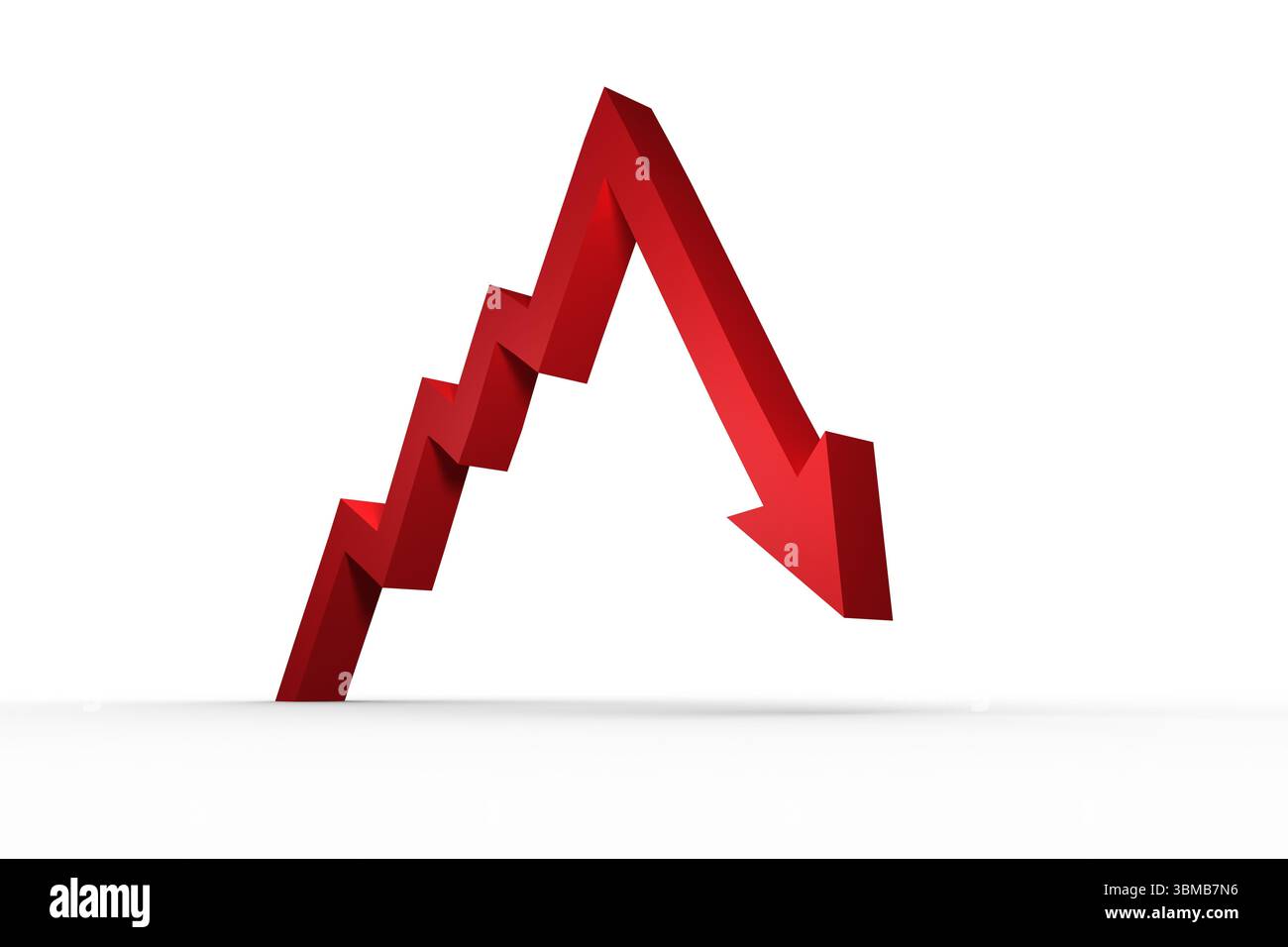 Red 3D render zigzag arrow is rising sharply on white studio plane with ...