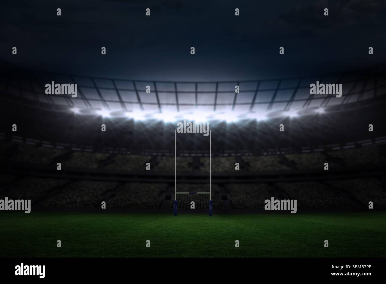 Rugby goalposts are standing in empty night stadium with floodlights ...