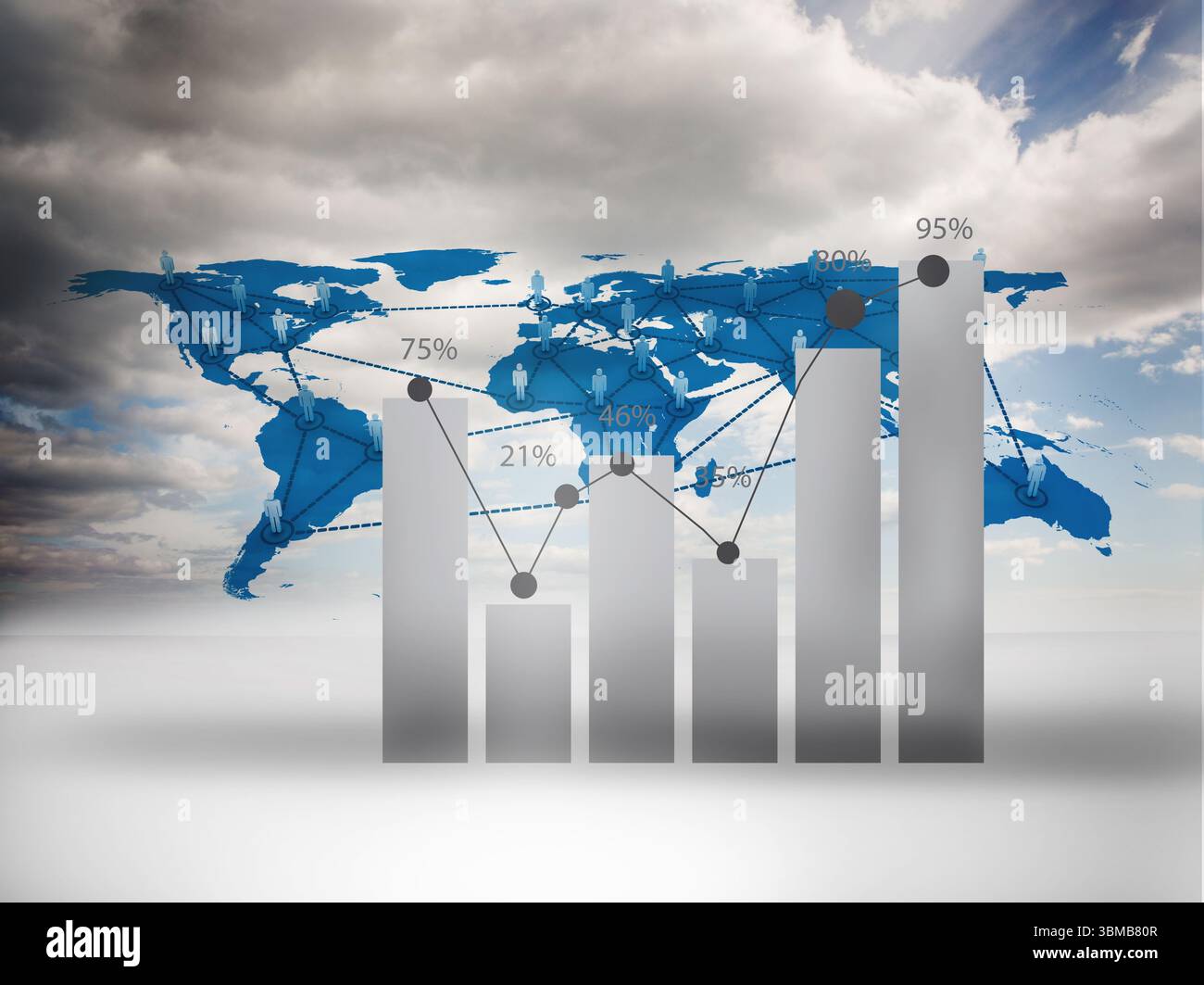 Displaying blue world map over cloudy sky with grey bar chart ...