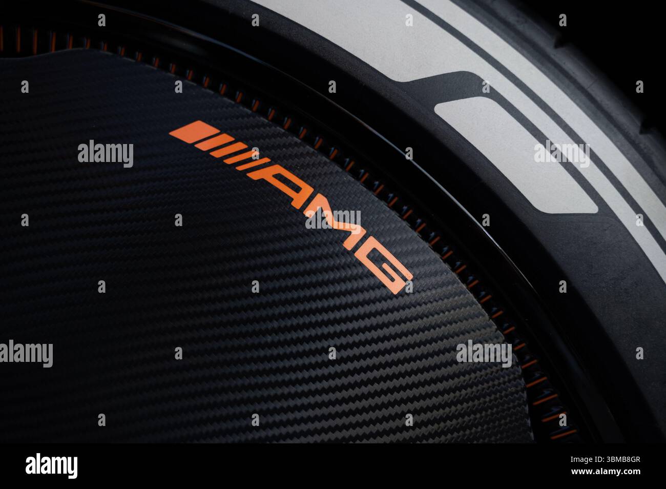 Affalterbach, Germany. 25th June, 2025. The Mercedes-AMG logo on a rim ...