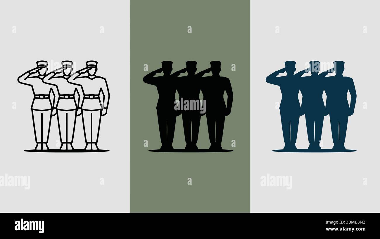 Three Soldiers Saluting Icon Set – Line, Solid, Blue Uniform Styles ...