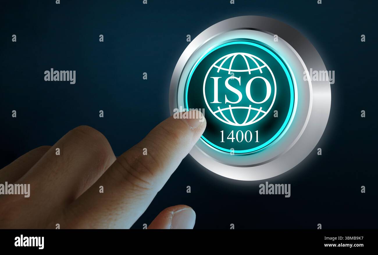 Close-up of human hand pressing ISO 14001 button on virtual screen ...