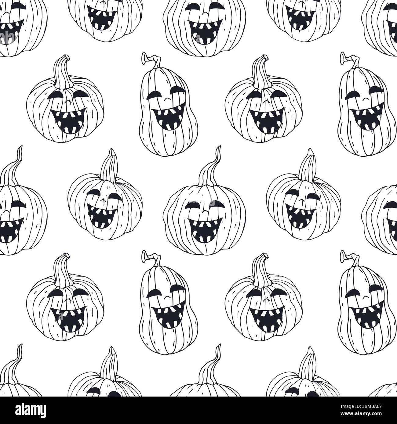 Seamless pattern with cute hand drawn Halloween jack-o-lantern pumpkins ...