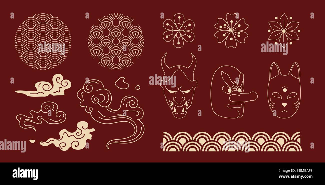 Golden Japan Asia elements on red bg- wave patterns, cloud swirls ...