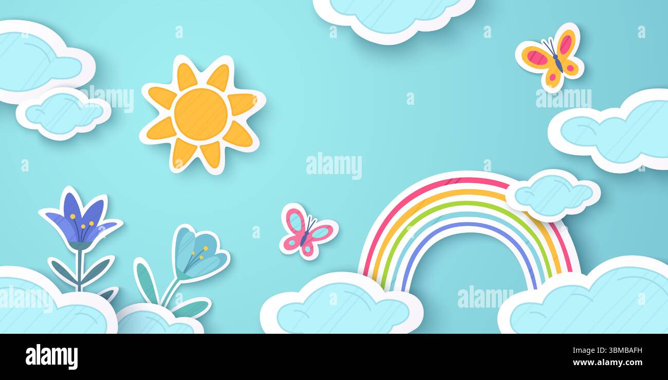 Paper cut rainbow scene with colorful arch between clouds on blue sky ...