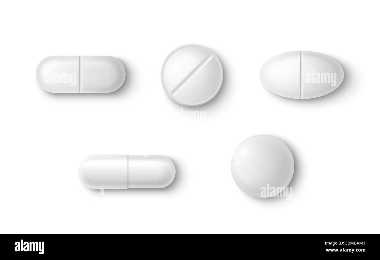 White 3d pills collection - oval tablets, scored round forms, capsule shapes with shadows for ...