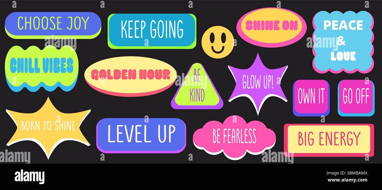 Bright y2k sticker set with motivational phrases in colorful shape ...