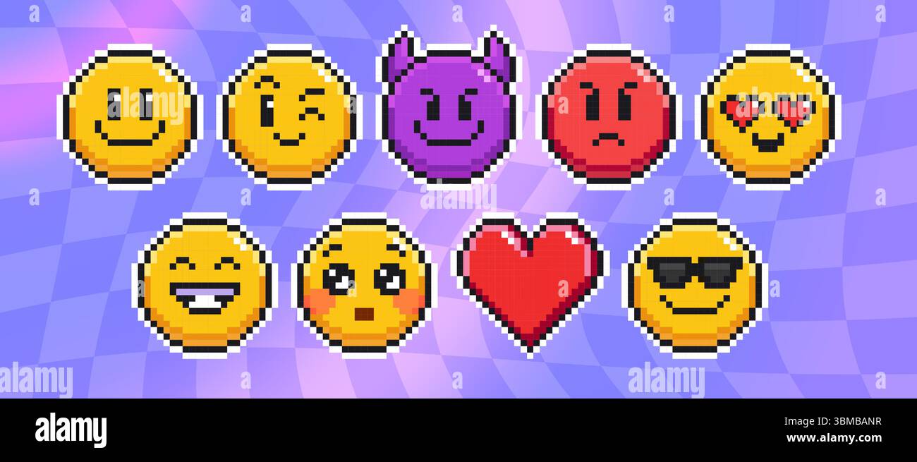 Pixel emoticon set - 8 bit yellow faces showing smile and wink, devil ...