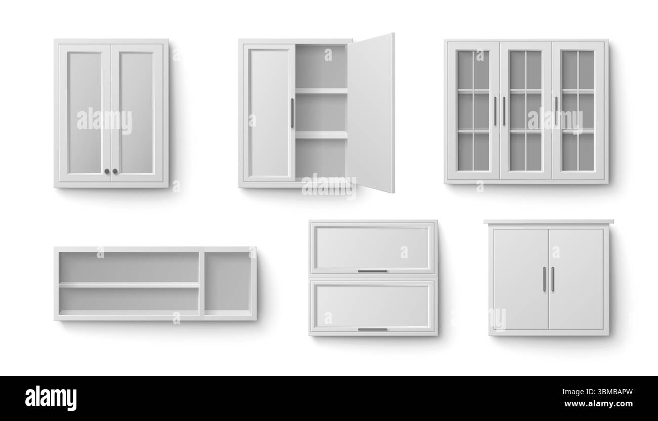 White kitchen cabinet collection in various storage styles. Different wall mounted units with ...