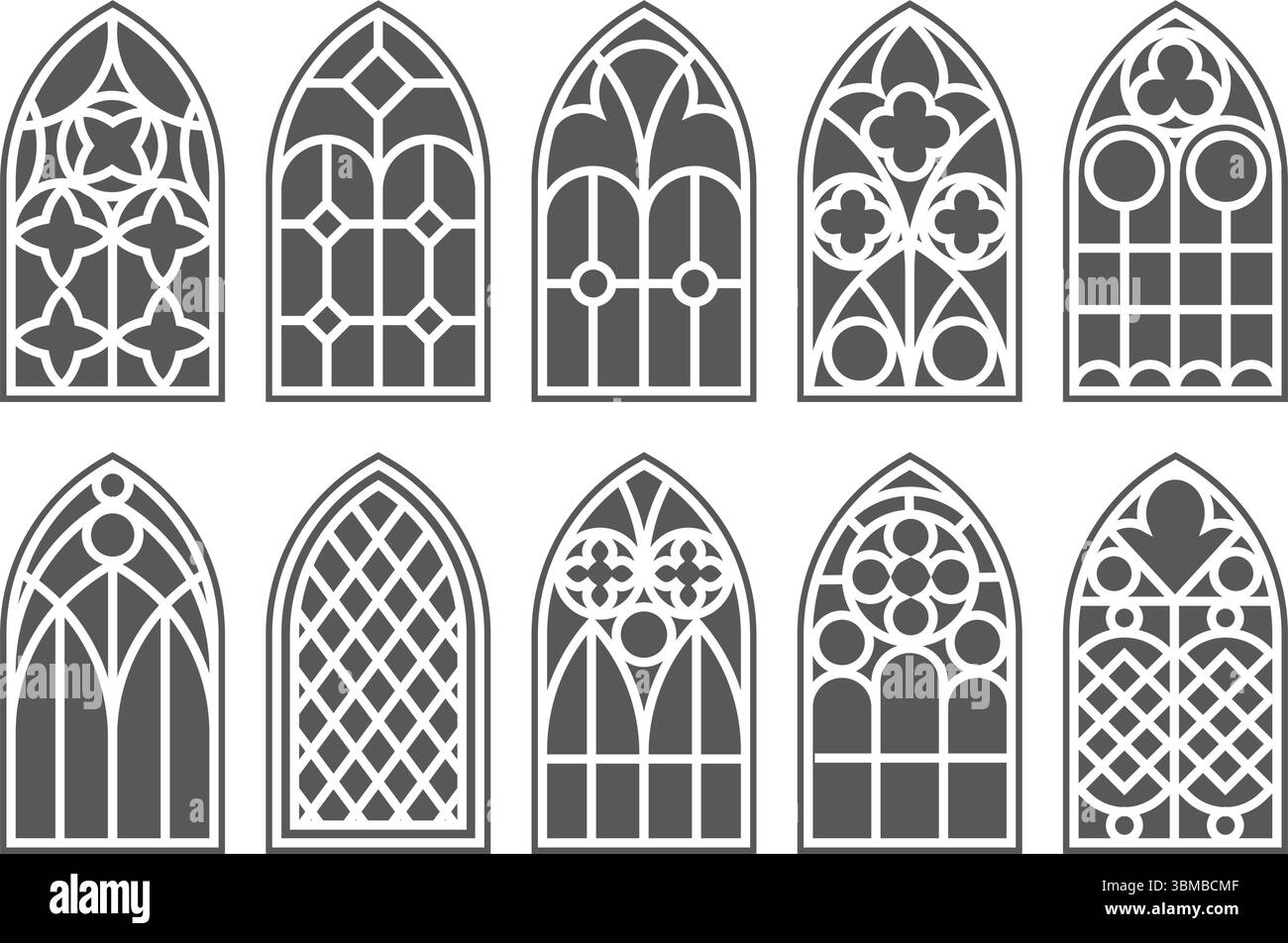 Church windows with arched frames. Cathedral gothic stained glass. Old ...
