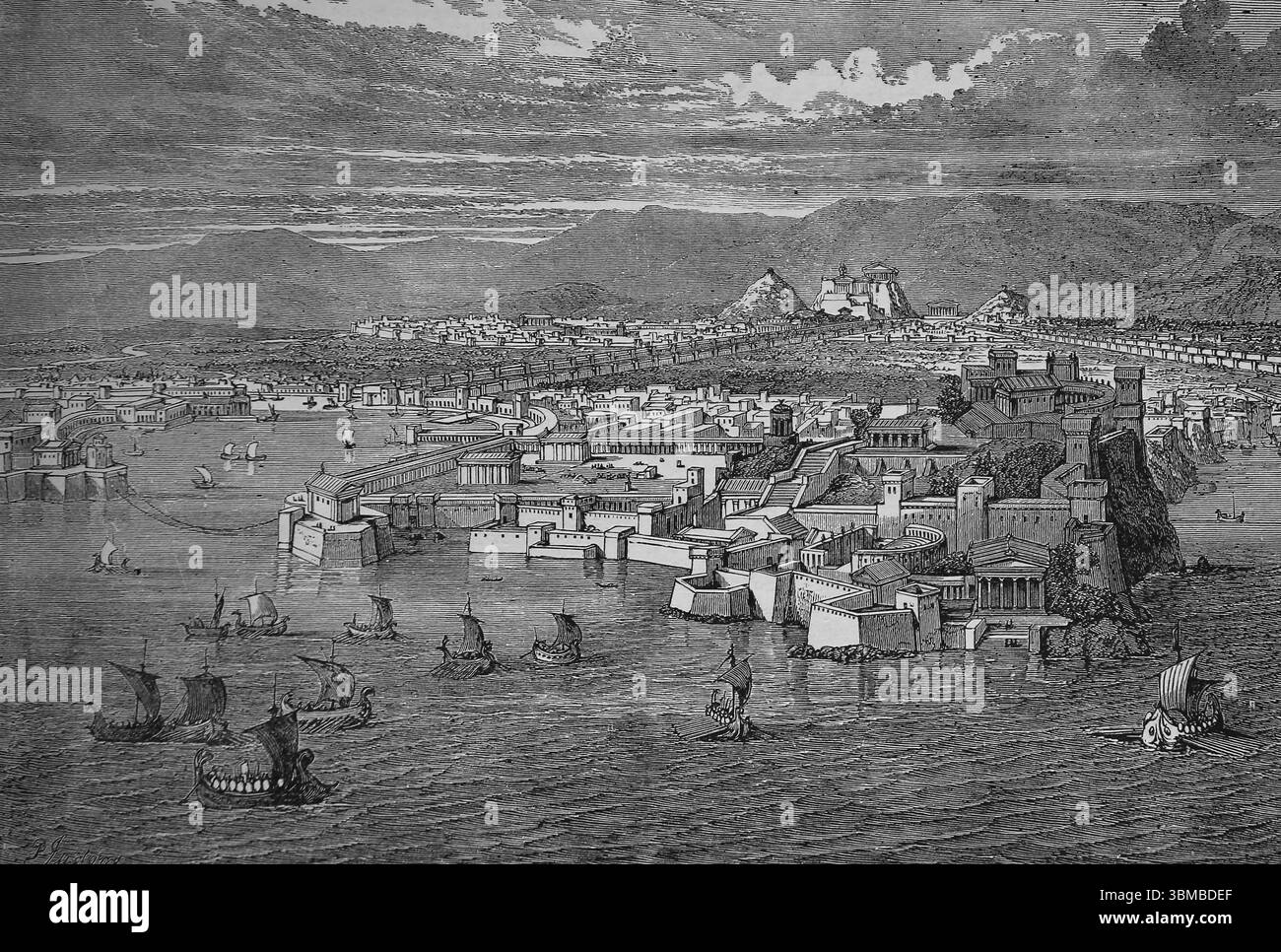 Ancient Times. Port of Piraeus. Polis of Athens. Engraving. 19th ...