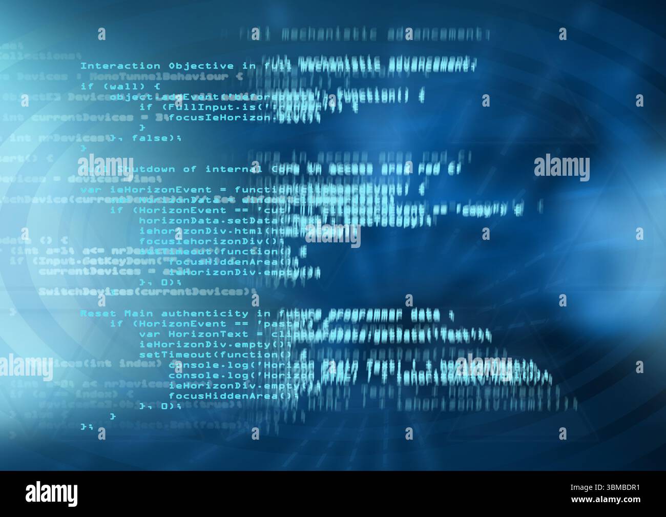 Floating white, light blue code dancing over blue gradient waves with ...