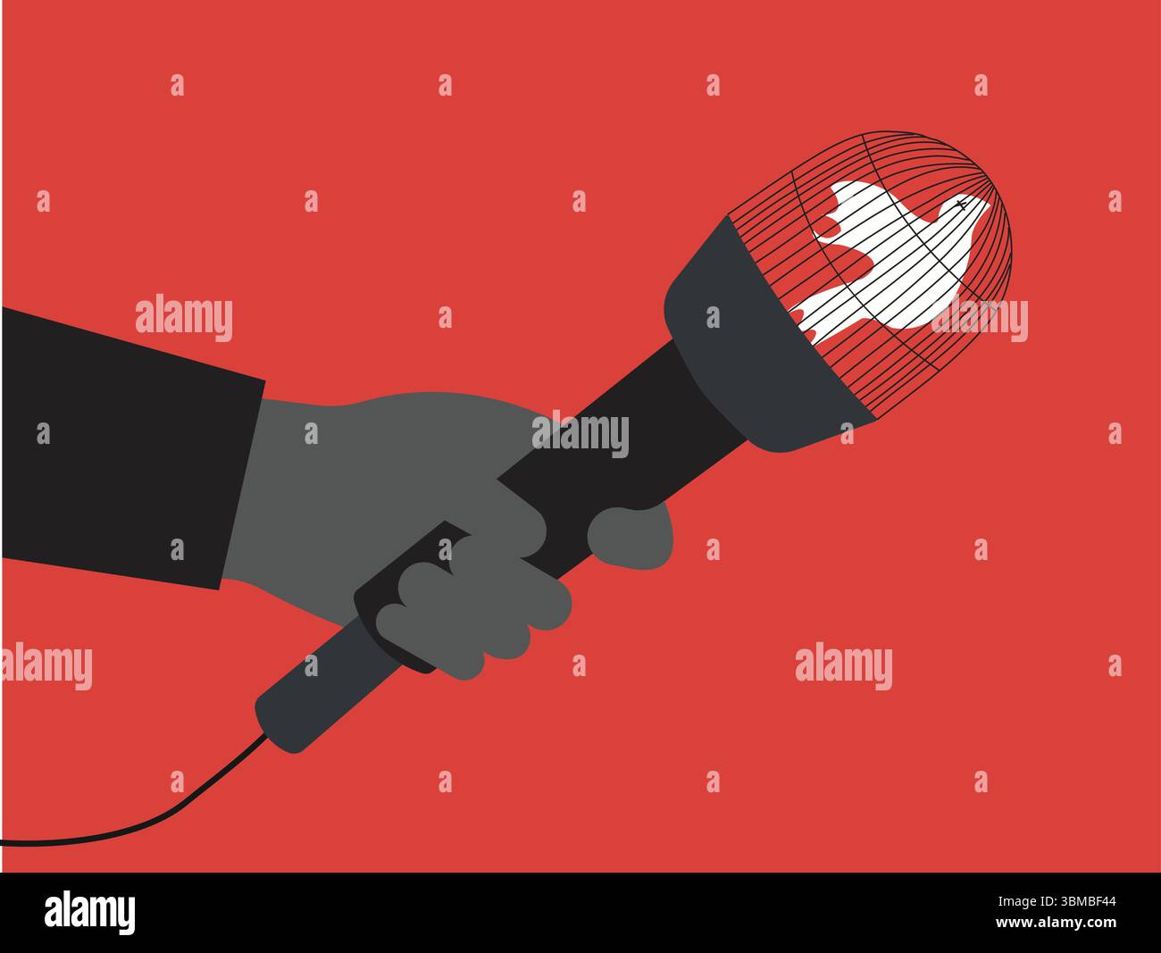 A bird captive inside microphone, illustrating censorship in freedom of ...