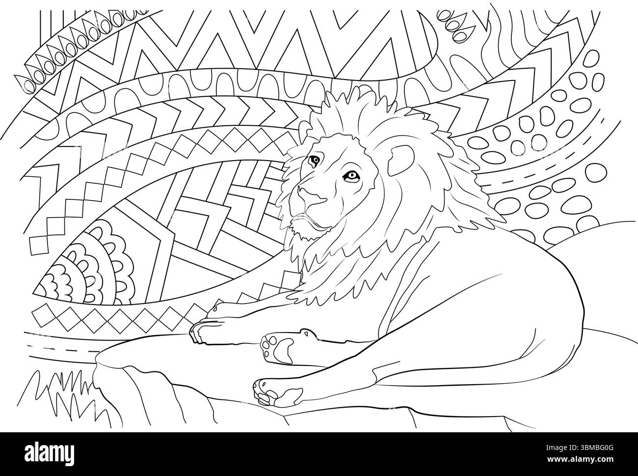 Detailed vector line art illustration featuring a powerful male lion ...