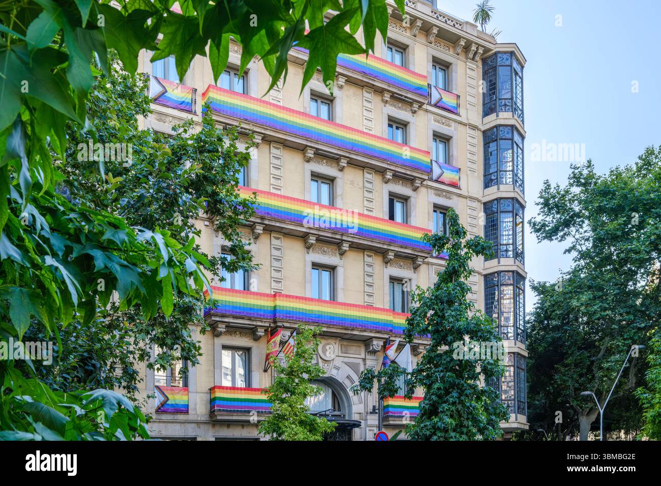 Historic Barcelona Building Adorned With Rainbow Flags, Symbolizing ...