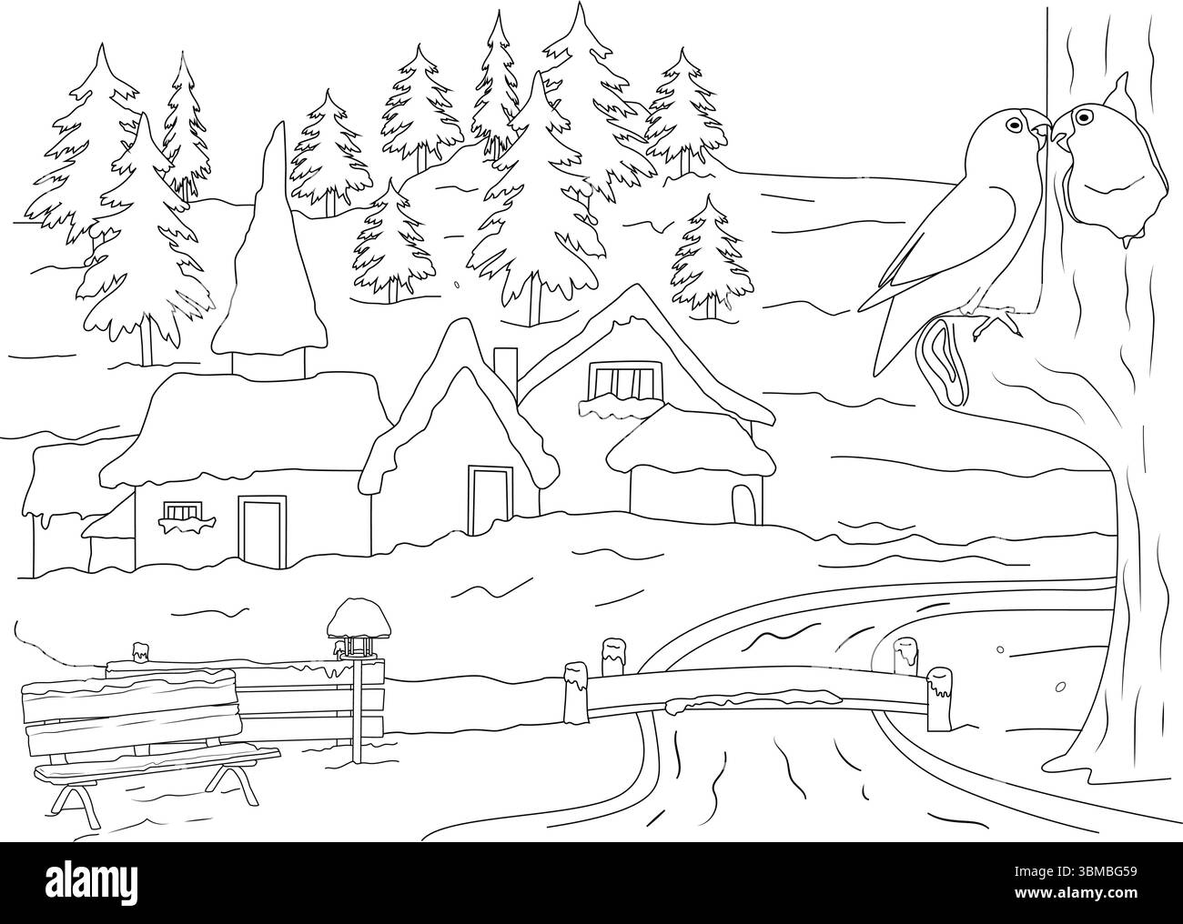 A detailed black and white line art drawing depicting a picturesque ...