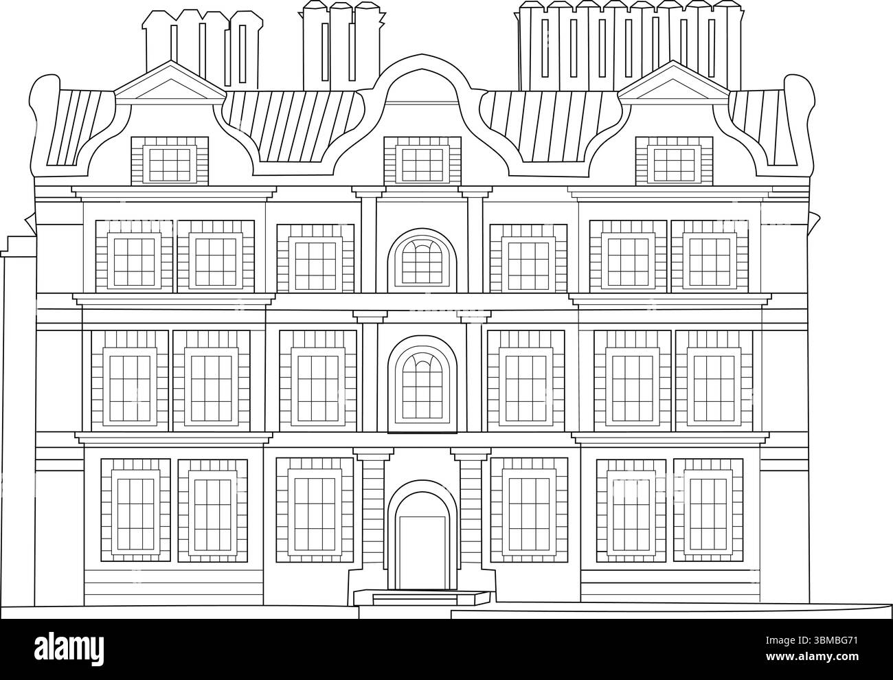 A detailed black and white line drawing illustration of Kew Palace, a ...