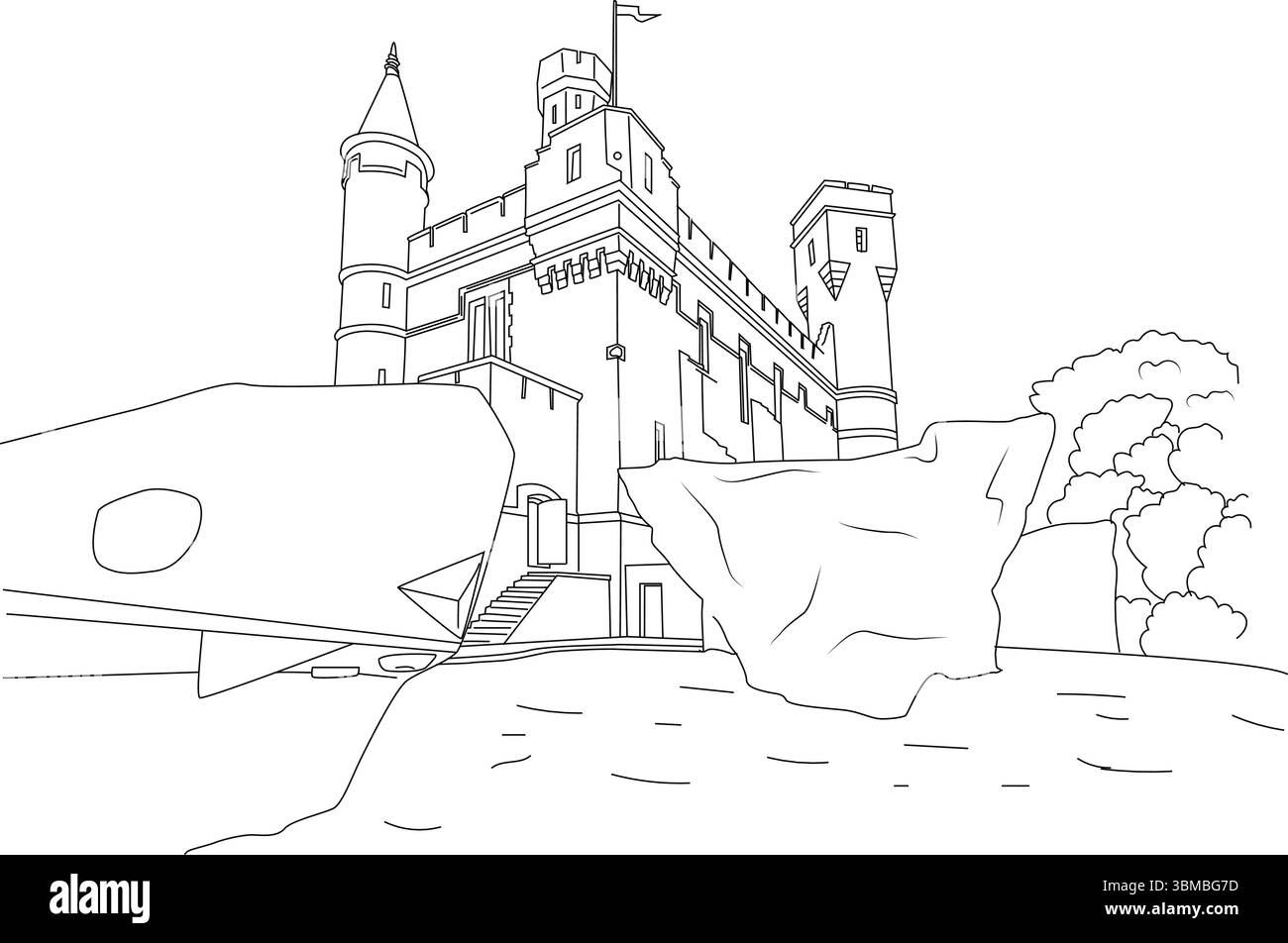 Minimalist black and white line art drawing illustrating the exterior ...