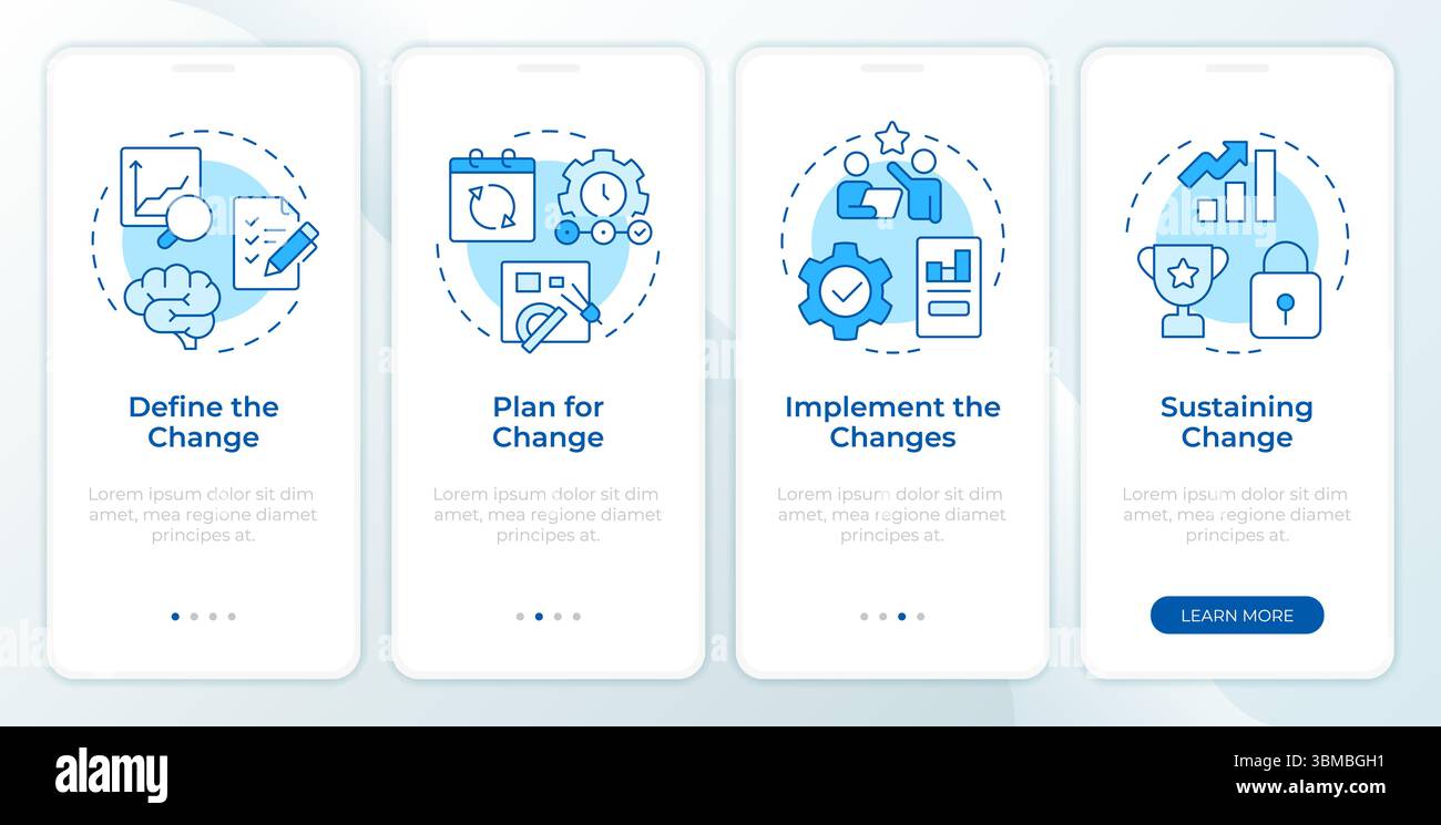 Stages of organizational change blue onboarding mobile app screen Stock ...