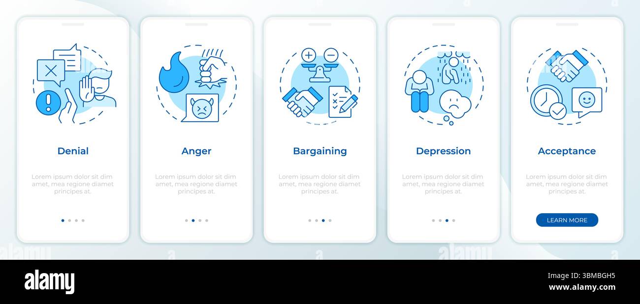 Five stages of grief blue onboarding mobile app screen Stock Vector ...